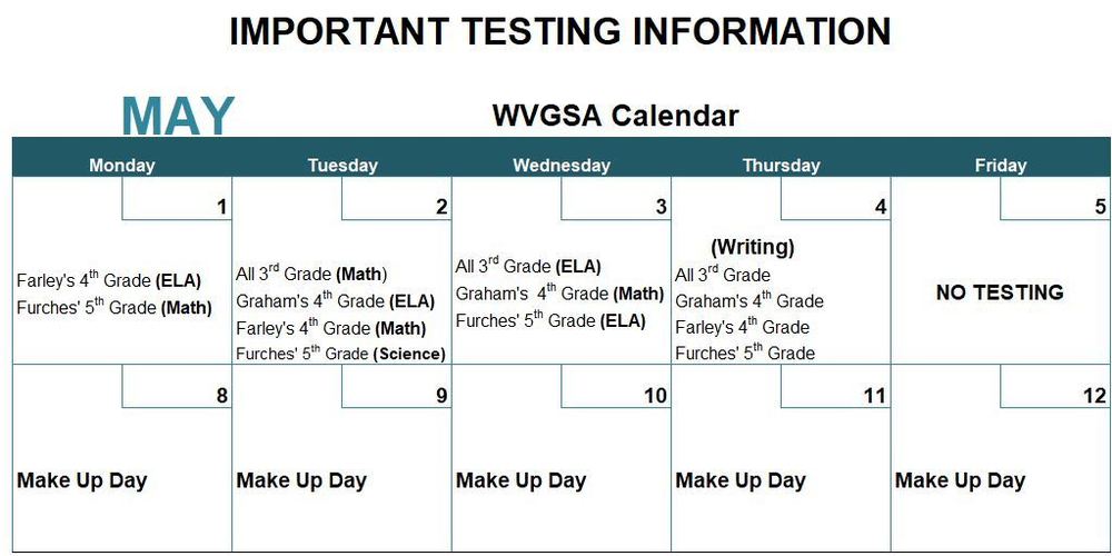 TESTING SCHEDULE | Spanishburg Elementary