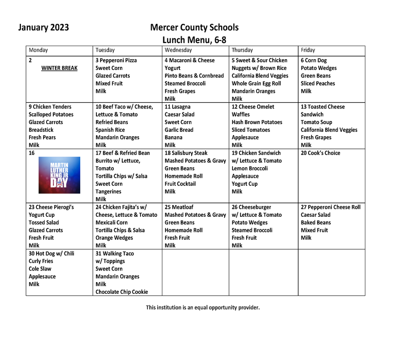 January 2023 Menus | Mountain Valley Elementary